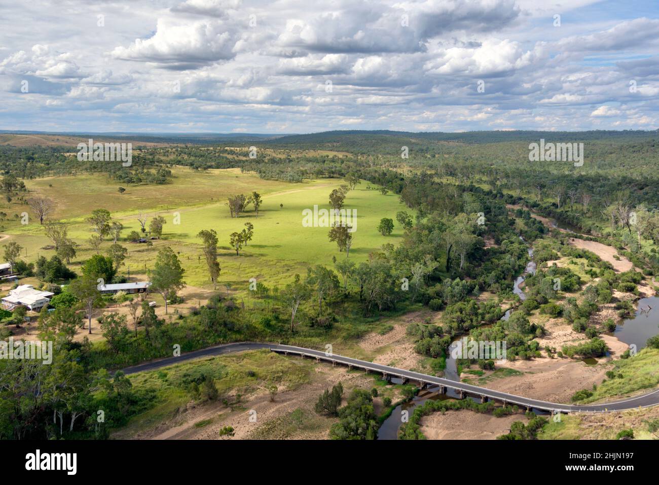 Aerial of the historic Archer Brothers Homestead on the banks of the ...
