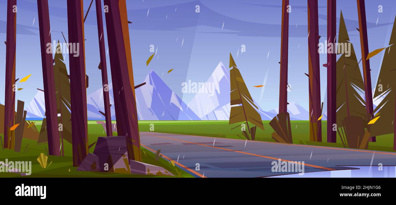 Fall rain in forest with road and mountains on horizon. Vector cartoon ...