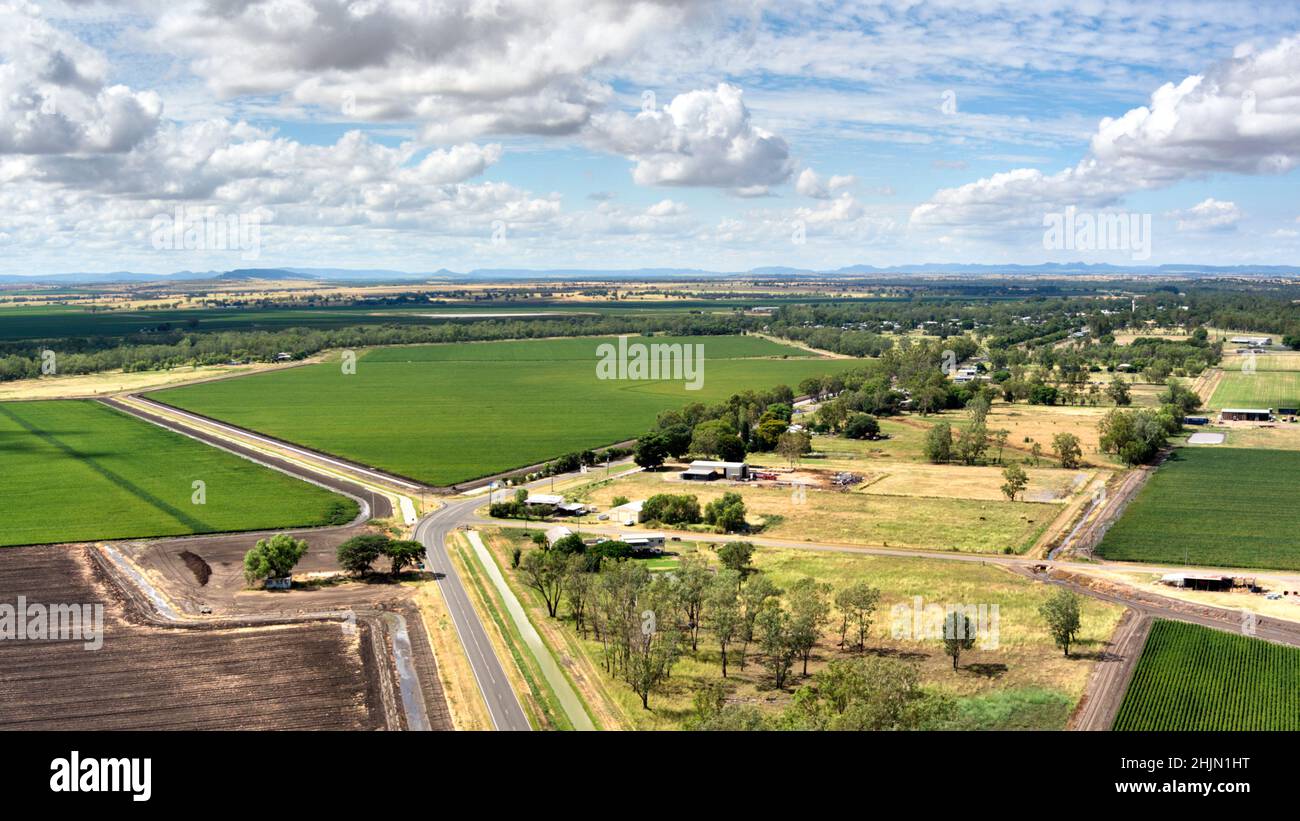 Aerial of irrigated cotton fields growing from water supplied by the ...