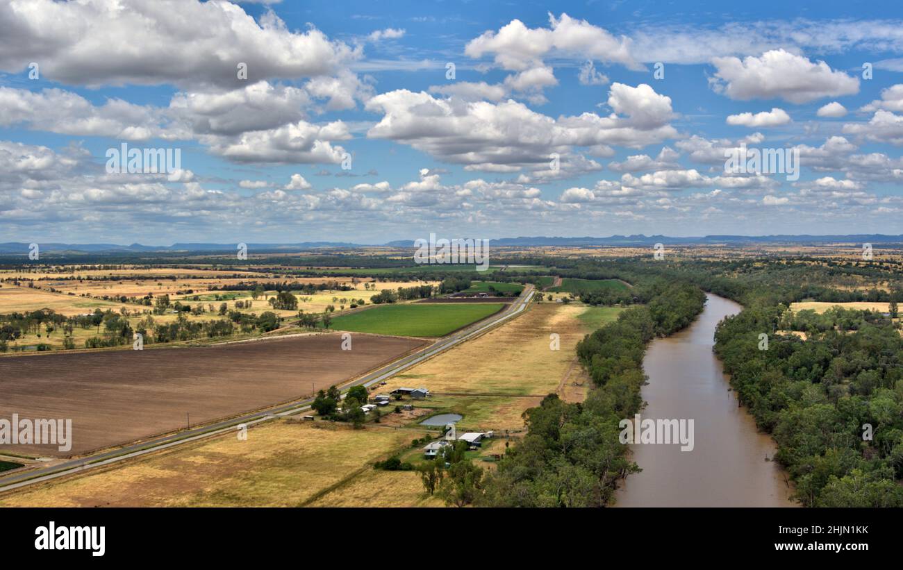 Aerial of farming on the banks of the Dawson River near Theodore ...