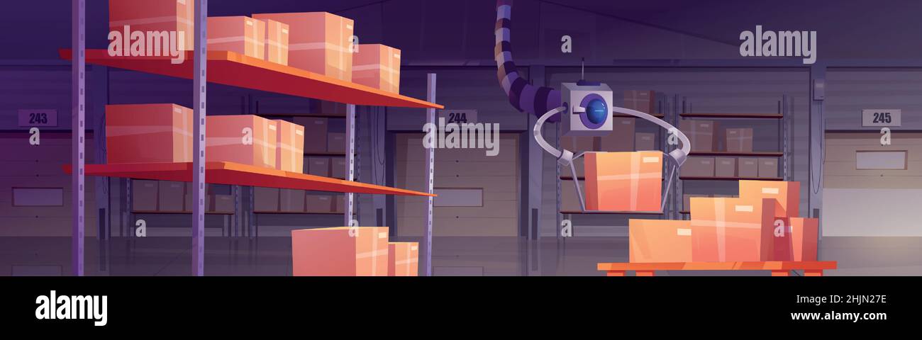 Warehouse with automated robot, cardboard boxes on shelves and pallet ...