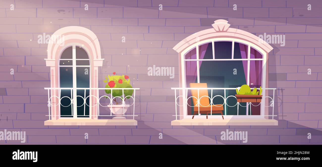 Antique building facade with arched windows, balcony with forged forged ...