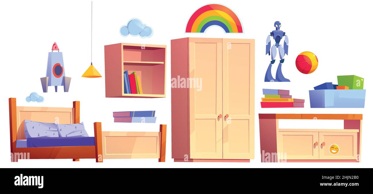 Boys bedroom furniture, bed, bookshelf, cupboard and toys box. Vector ...
