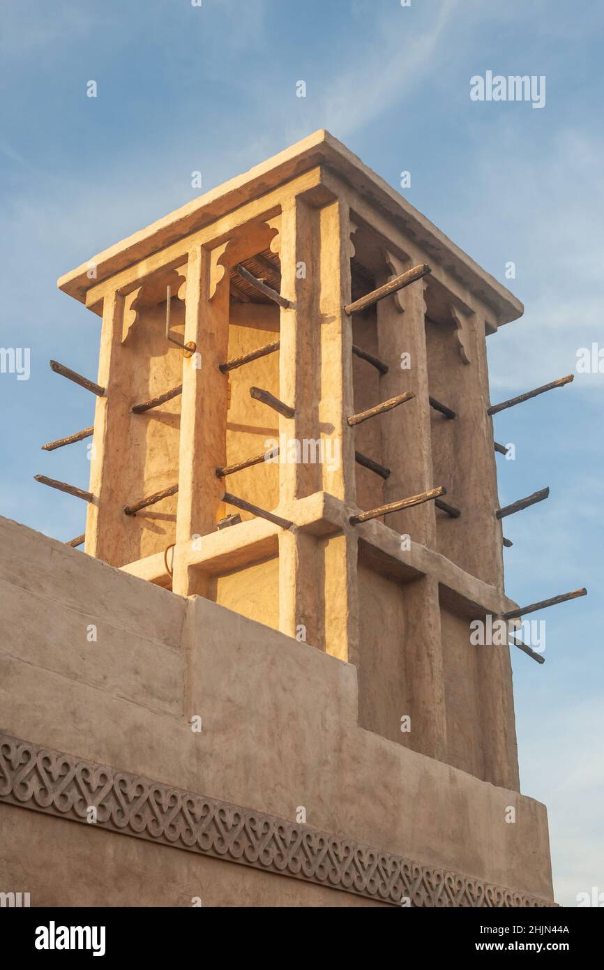 A traditional wind tower photographed in Dubai in the UAE. The tower ...
