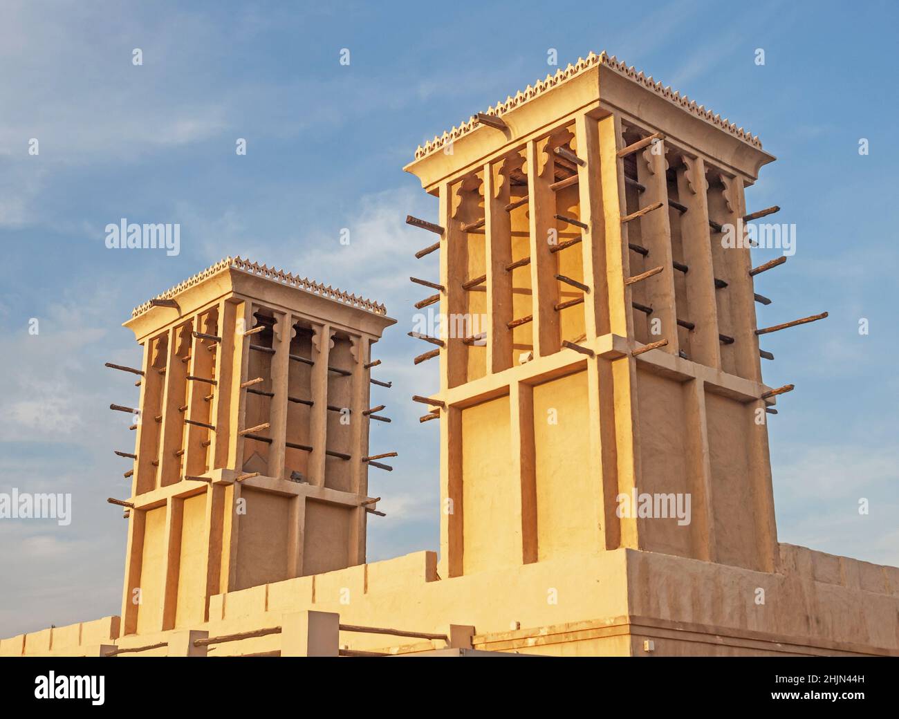 Traditional wind towers in Dubai in the UAE. The towers catch the ...