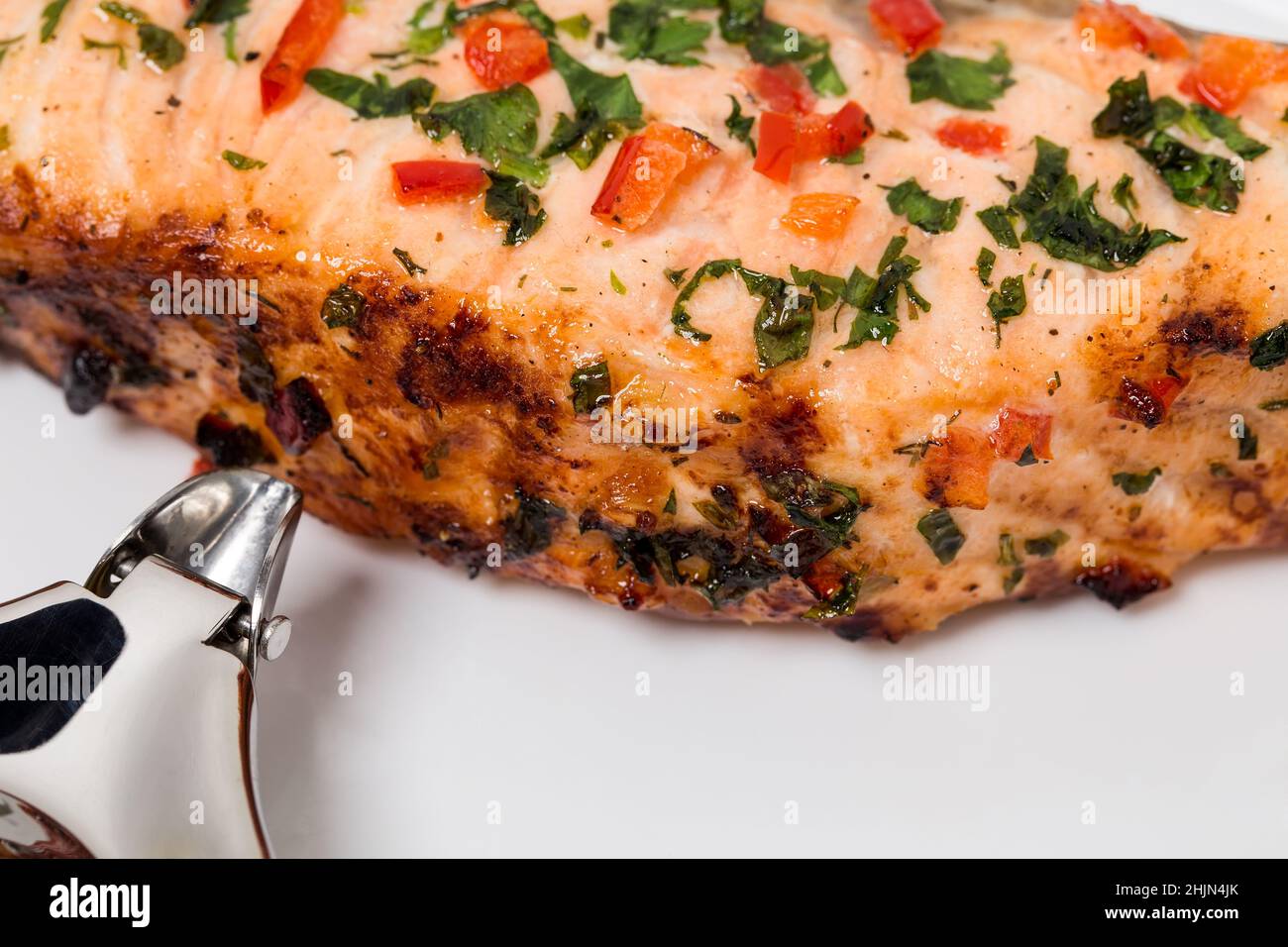 Delicious grilled salmon fillet. Macro. Can be used as a whole ...