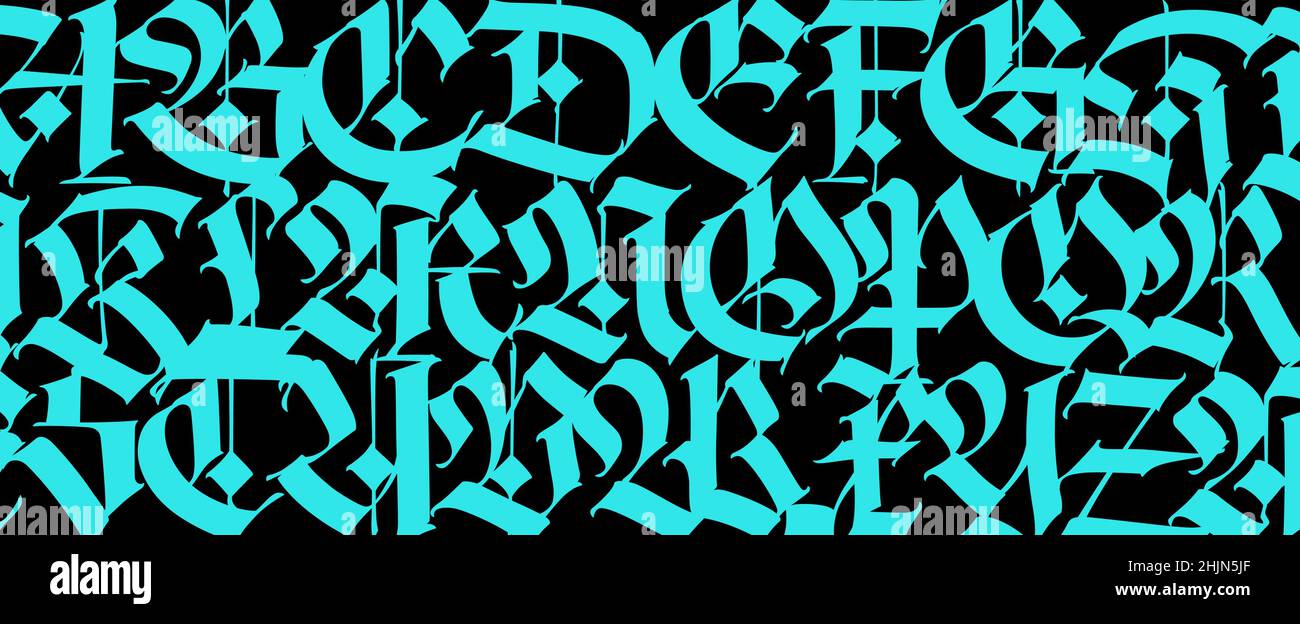 Gothic openwork font. Vector. The pattern is horizontal with turquoise ...