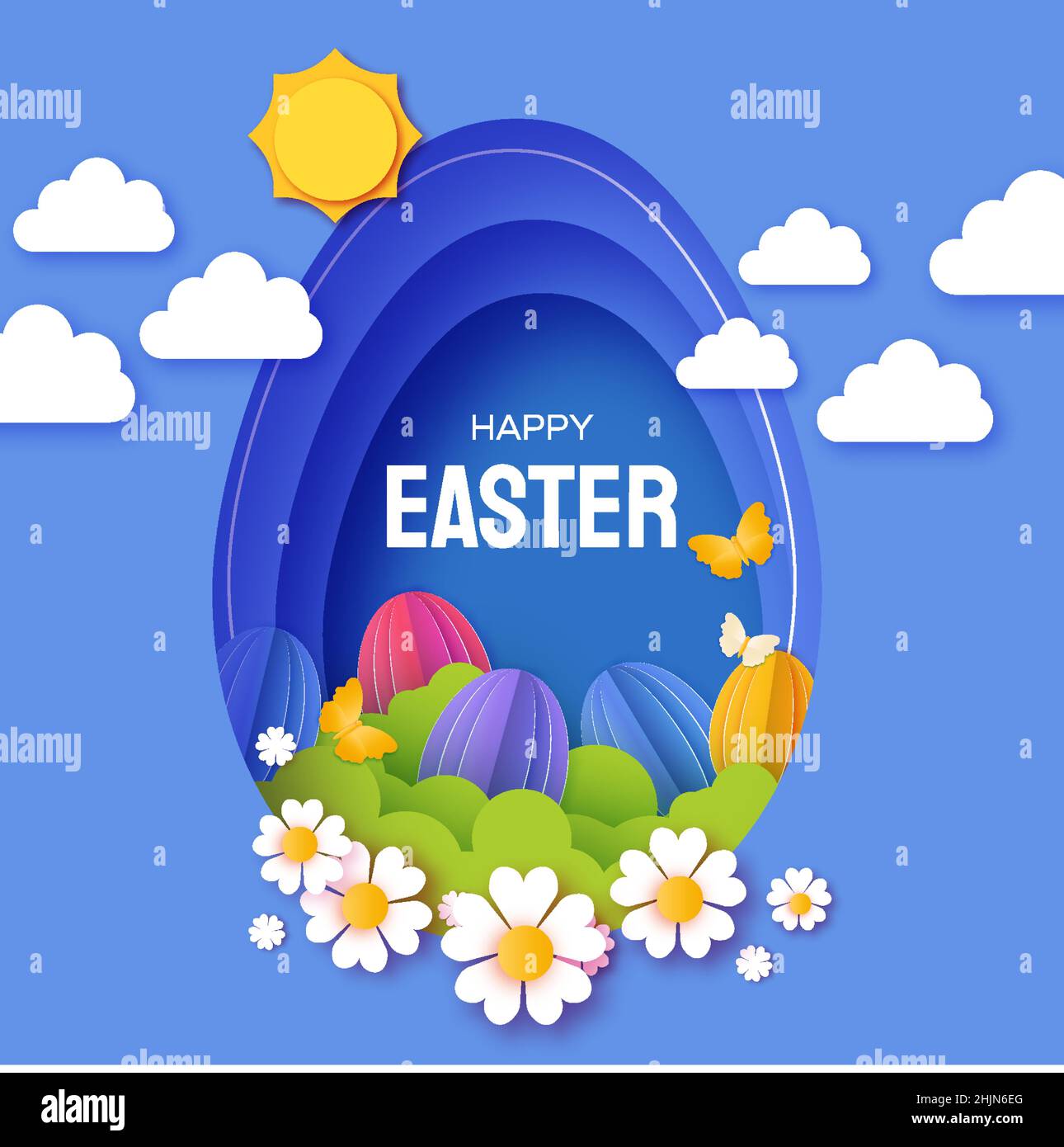 Cute Easter Egg Hunt with colored paper craft eggs. Spring scene for ...