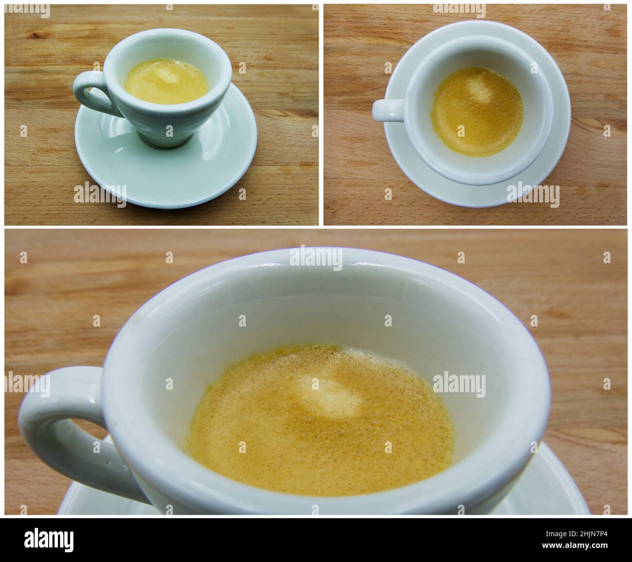 Collage of a cup of Italian Espresso Coffee on wooden background Stock ...