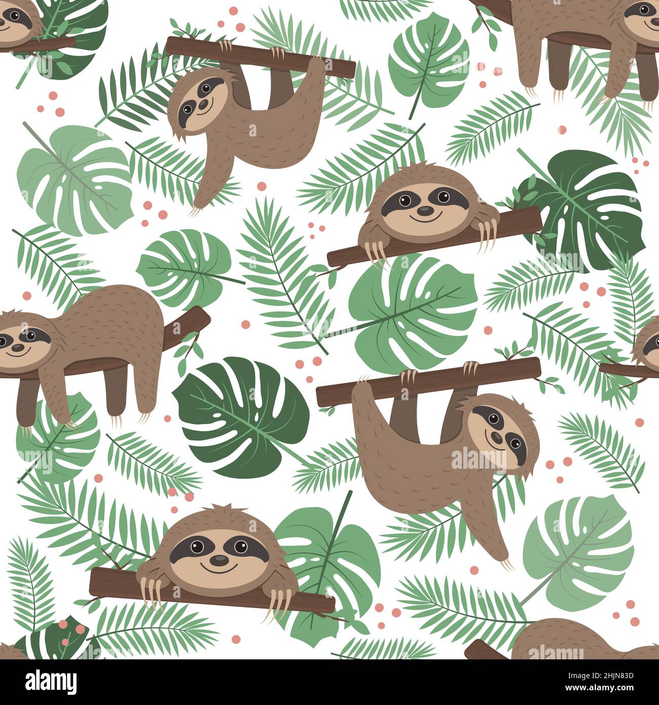 Sloth pattern on a background of tropical leaves on a white background ...