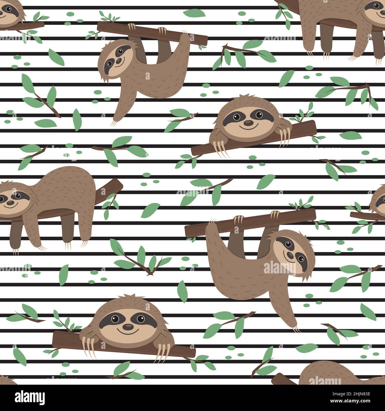 Sloth pattern on a background of tropical leaves on a white striped ...
