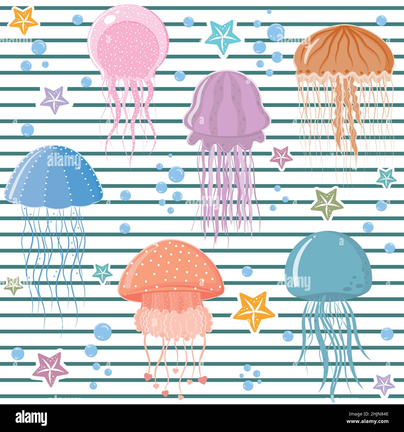 jellyfish pattern, color vector illustration on a white striped ...