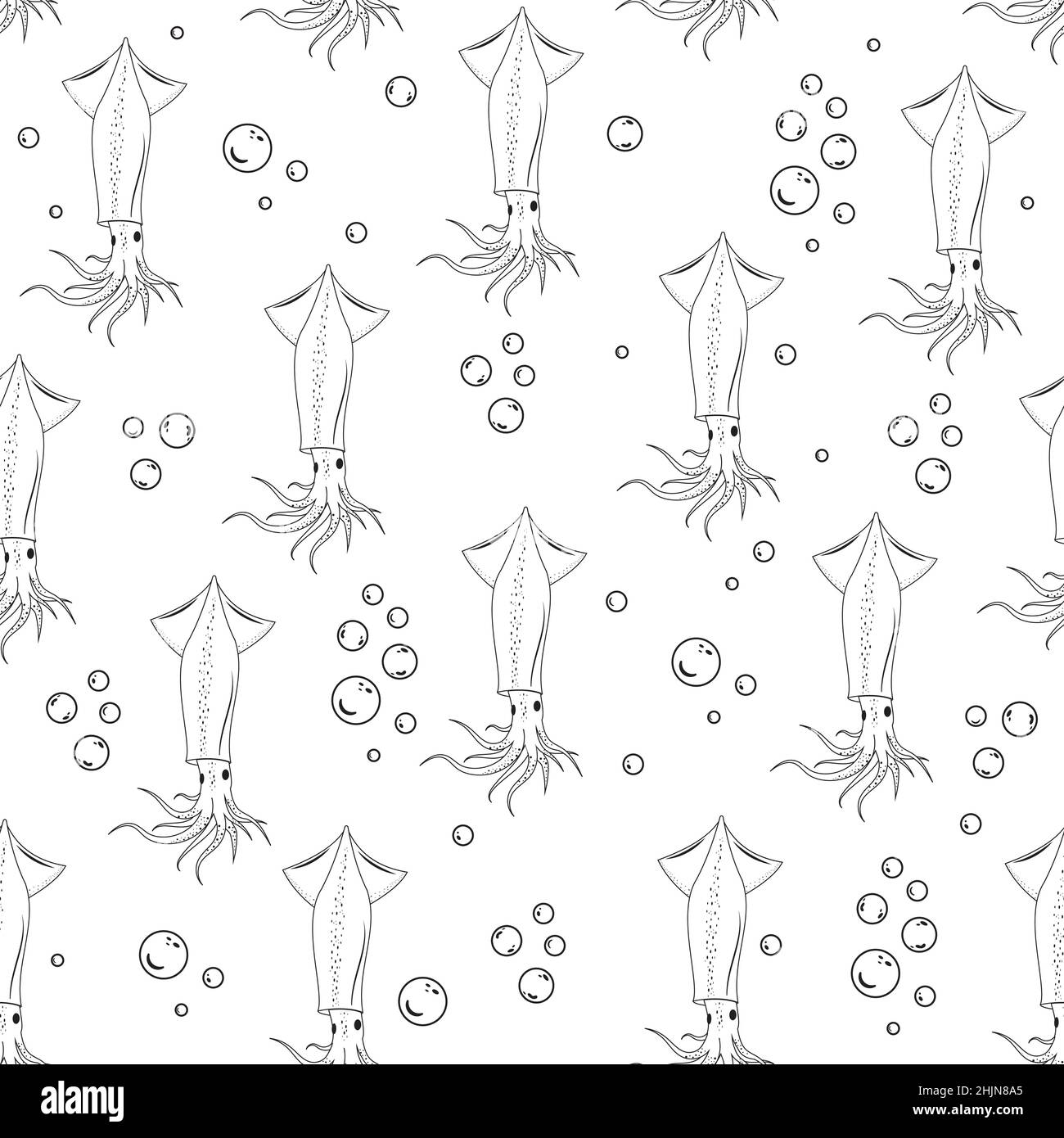squid pattern black outline, vector isolated illustration on a white ...