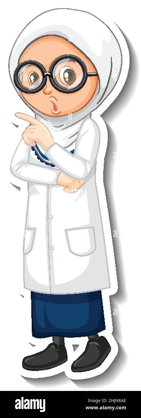 Scientist muslim girl cartoon character sticker illustration Stock ...