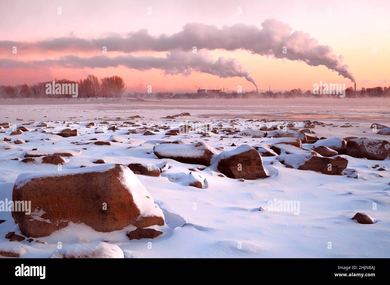 Large smooth stones covered with snow on the banks of the Ob. Trees and ...