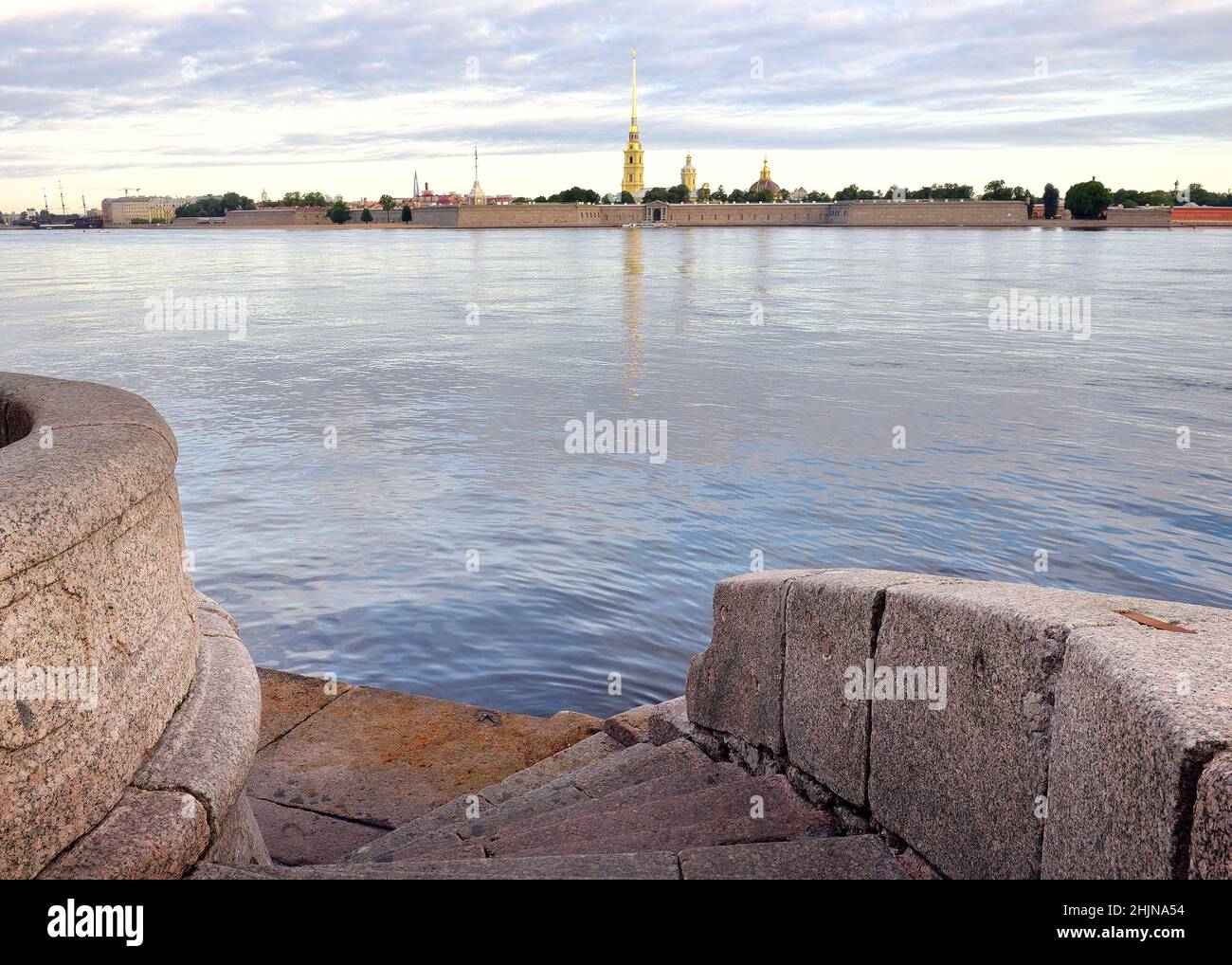 Descent to the Neva. Granite parapet with stairs on the Palace ...