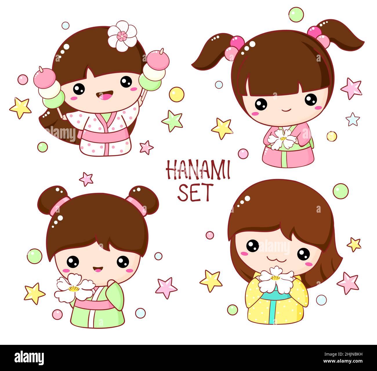 Set of cute little girls with sakura flowers and Hanami dango in kawaii ...