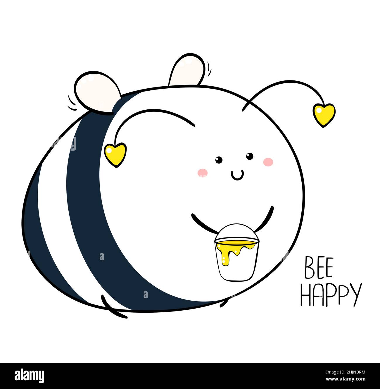 Cute fat bee with a bucket of honey. Bee happy. Banner with affirmation ...