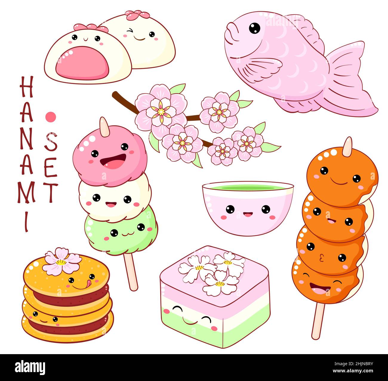 Set of cute hanami season dessert icon in kawaii style with smiling ...