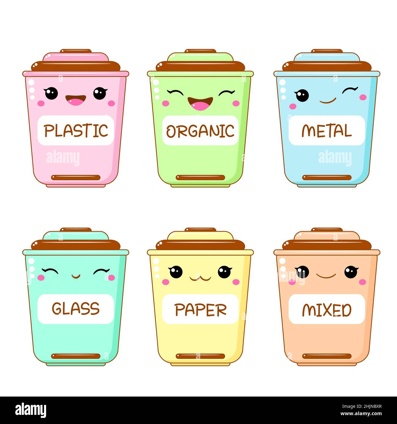 Set of containers for glass, metal, organic, paper, plastic and mixed ...