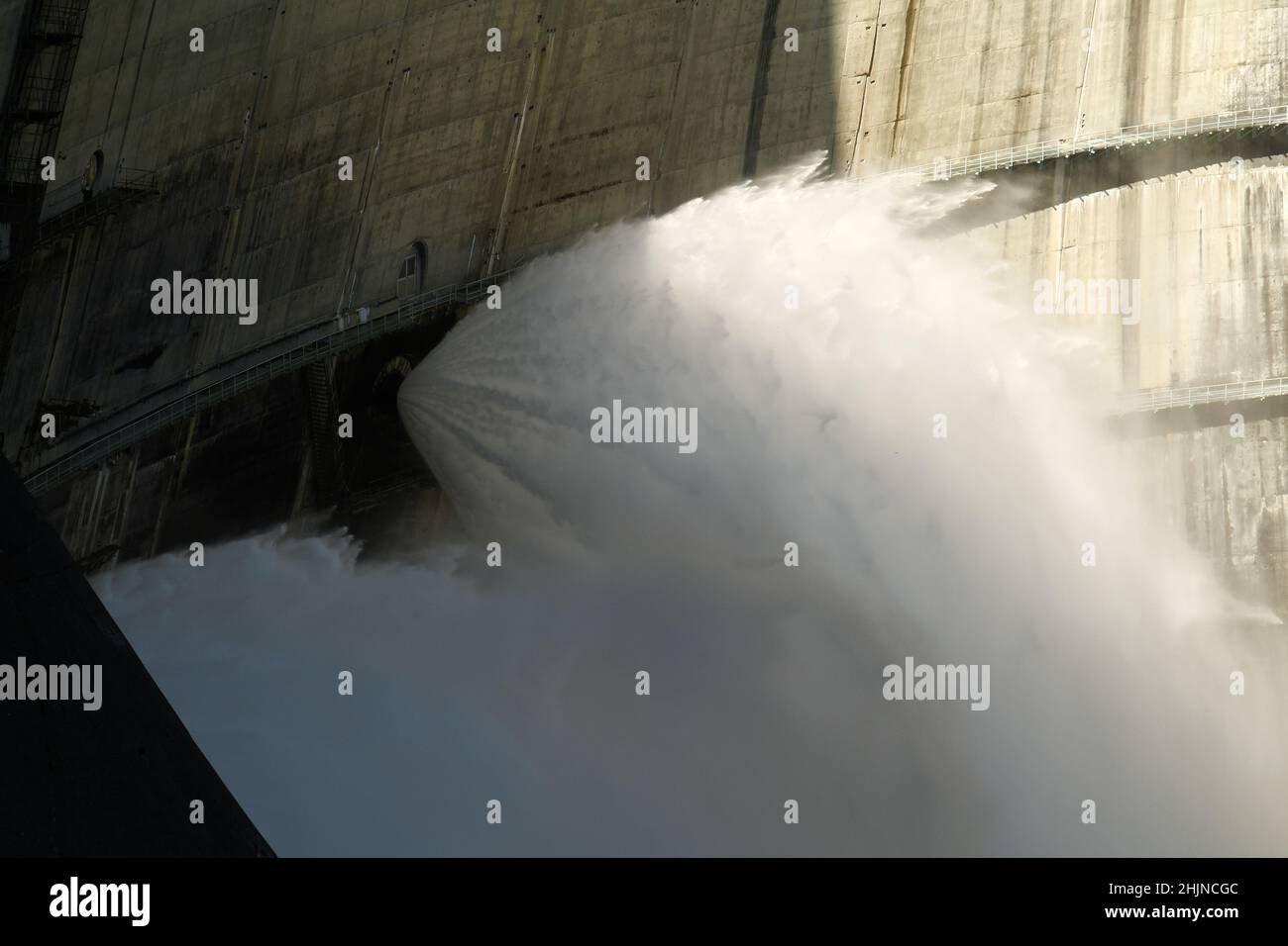 Nagano, Japan, 2021-23-07 , Jet of water coming out of the Kurobe dam ...