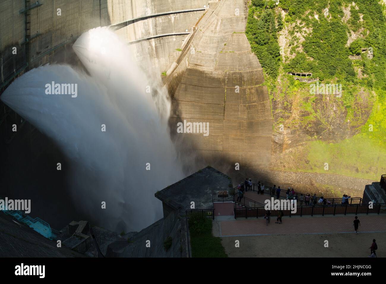 Nagano, Japan, 2021-23-07 , Jet of water coming out of the Kurobe dam ...
