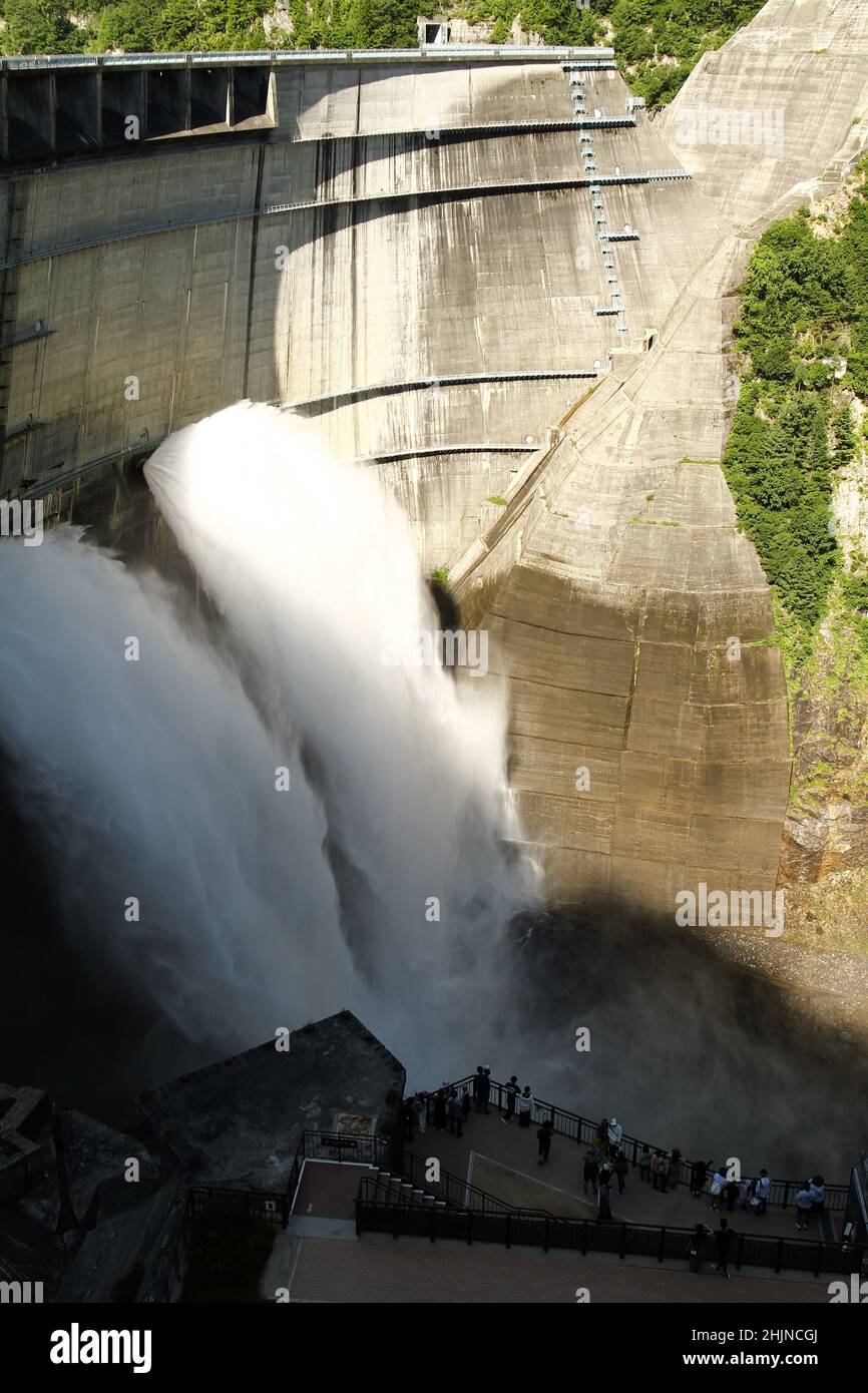 Nagano, Japan, 2021-23-07 , Jet of water coming out of the Kurobe dam ...
