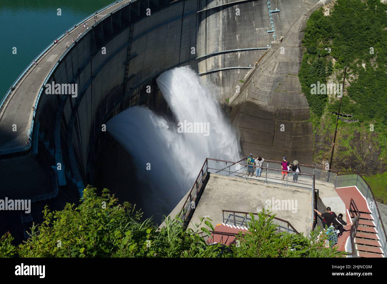 Nagano, Japan, 2021-23-07 , Jet of water coming out of the Kurobe dam ...