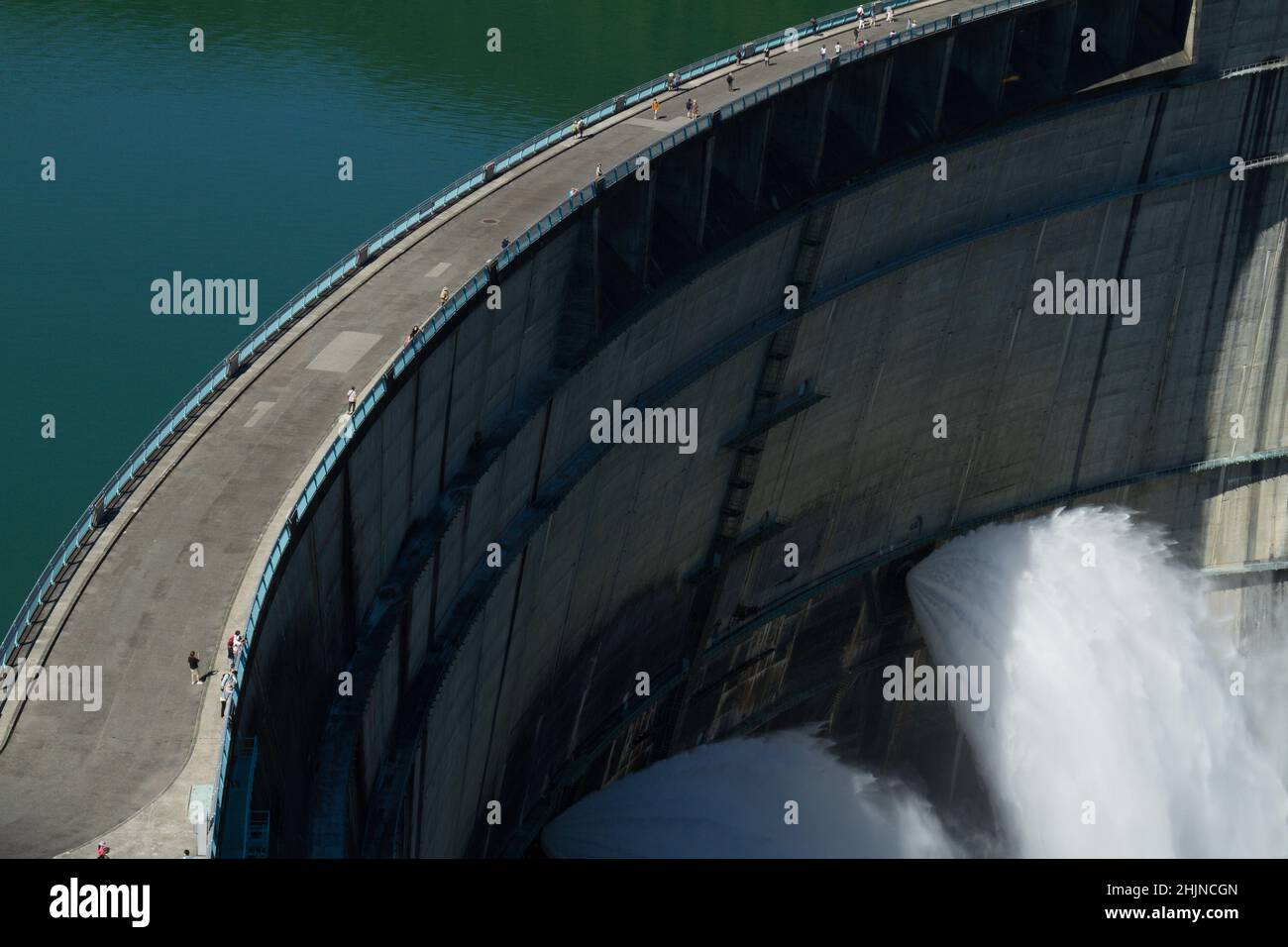 Nagano, Japan, 2021-23-07 , Jet of water coming out of the Kurobe dam ...