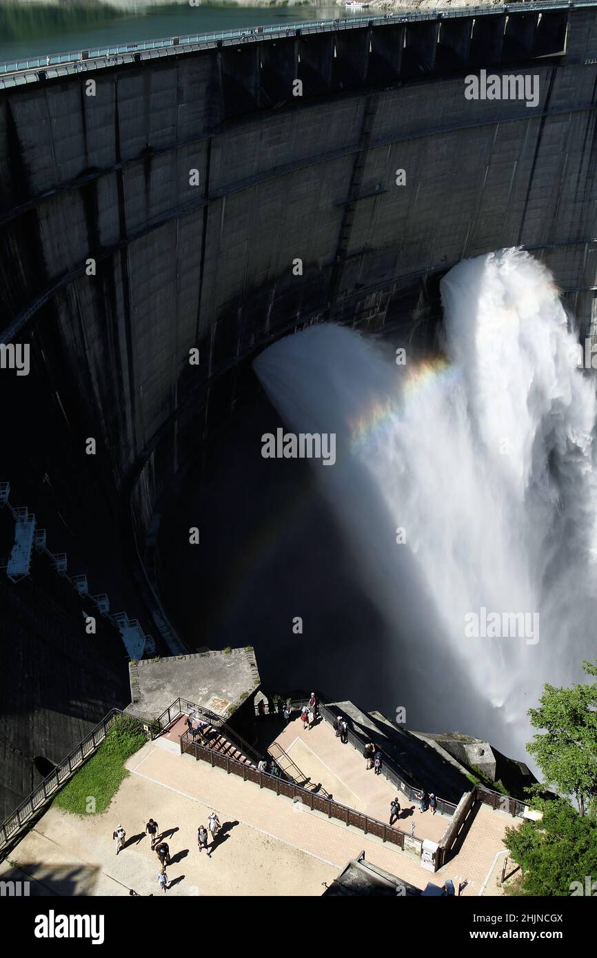 Nagano, Japan, 2021-23-07 , Jet of water coming out of the Kurobe dam ...