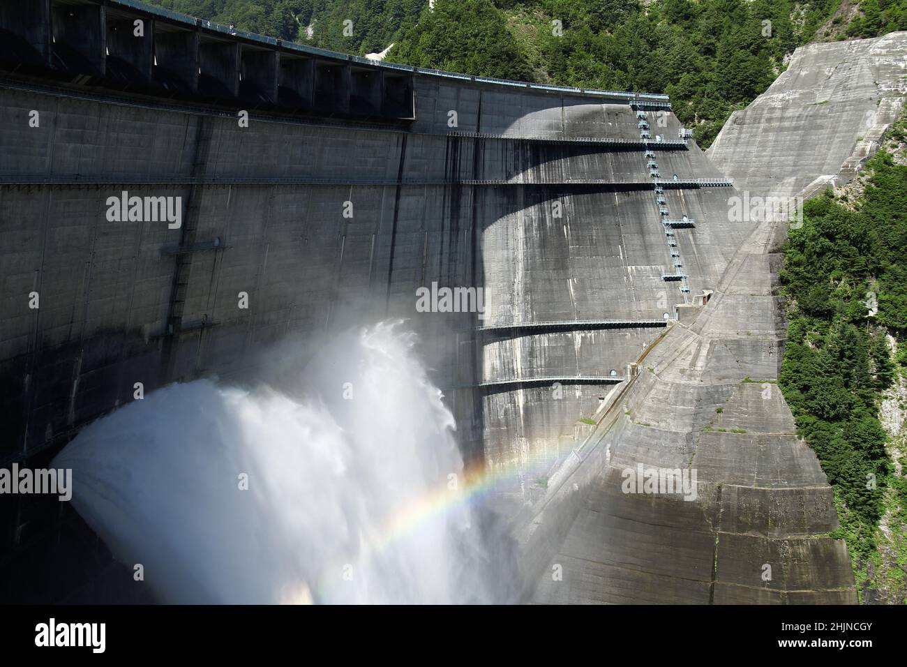 Nagano, Japan, 2021-23-07 , Jet of water coming out of the Kurobe dam ...
