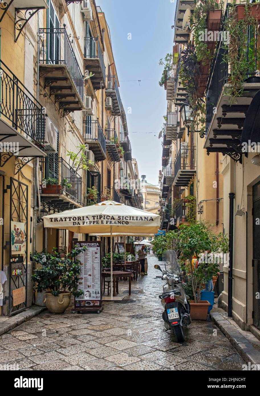 Narrow street with bars, cafes and restaurants, Palermo, Sicily, Italy ...
