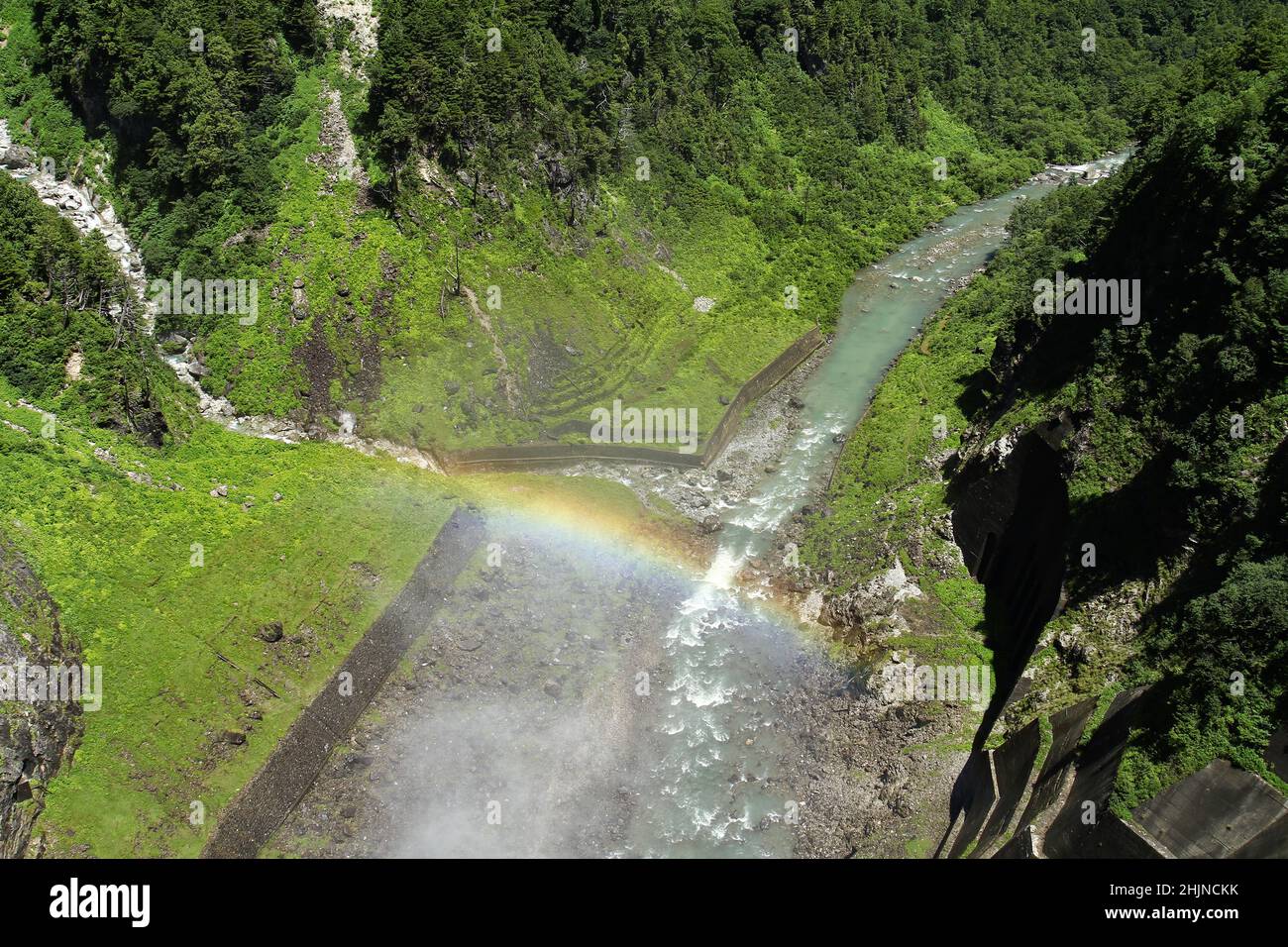 Nagano, Japan, 2021-23-07 , rainbow formed at Kurobe dam in Nagano ...