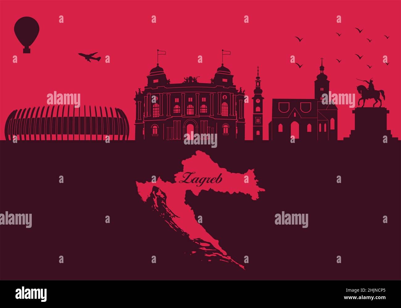 Zagreb City Skyline Silhouette - illustration, Town in Maroon ...