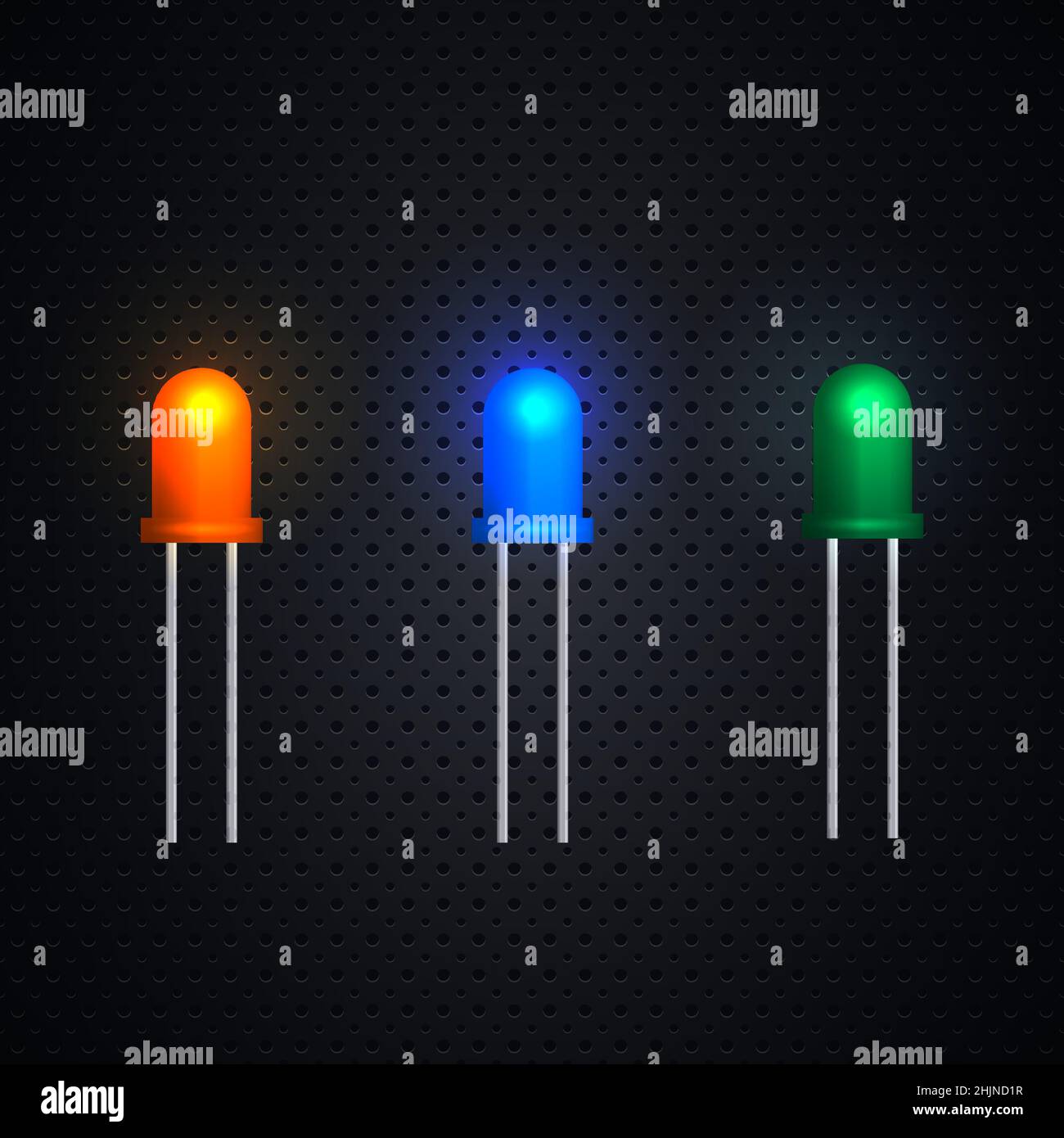 Set of three bright LEDs on a black background, vector illustration ...