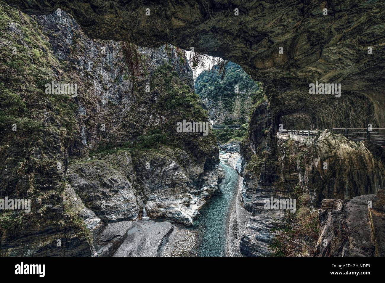 Narrow turquoise river crossing a deep gorge at Taroko National park in ...