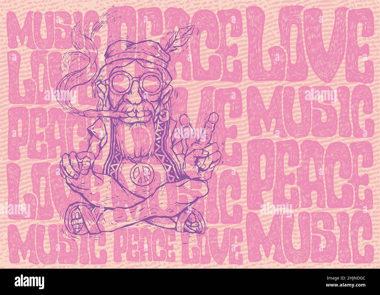 Old hippie smokes marijuana and shows the peace symbol. Vector ...