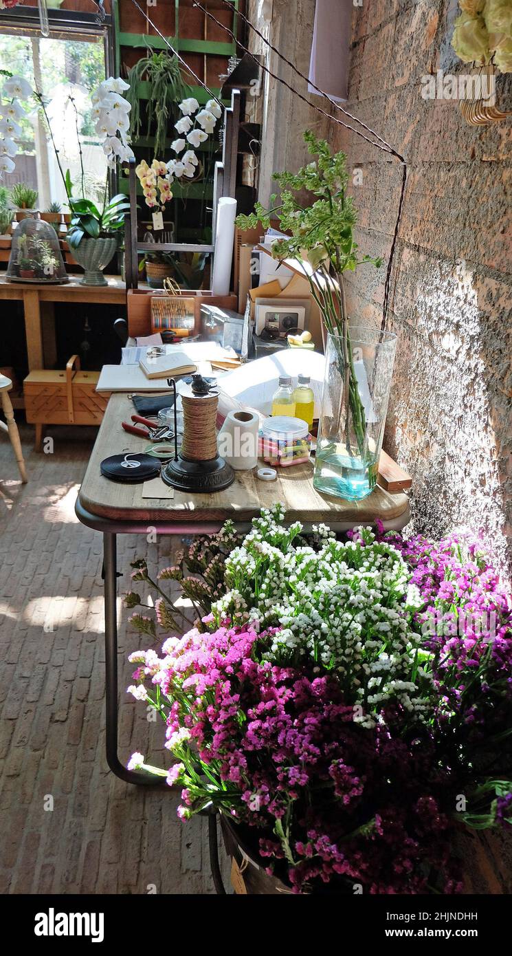 Interior design and decoration of flower and florist shop decorated ...