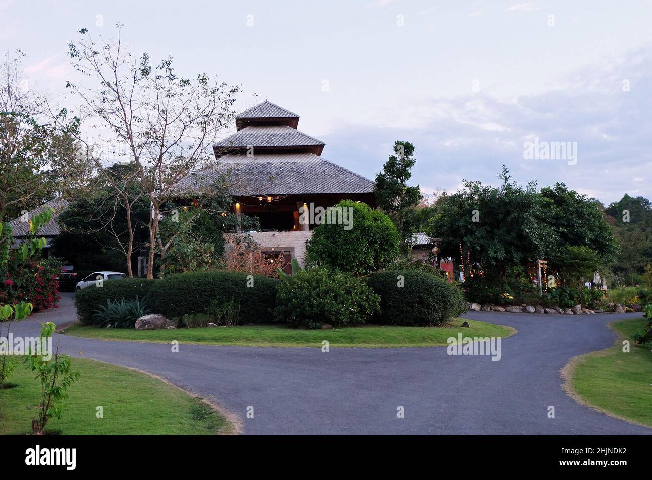 Exterior terrace design and patio architecture at natural resort hotel ...