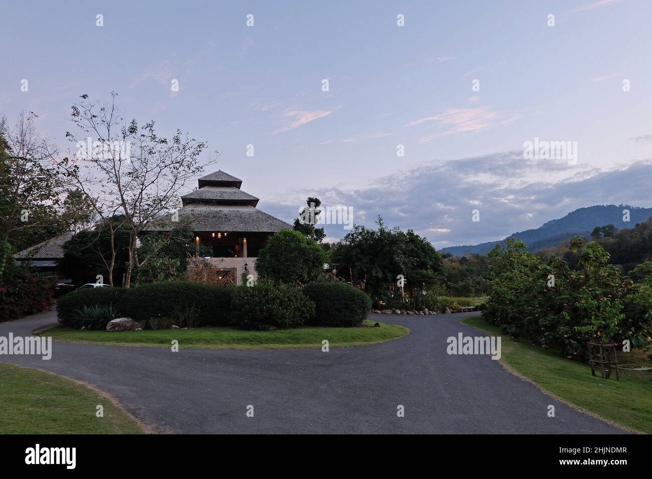 Exterior terrace design and patio architecture at natural resort hotel ...