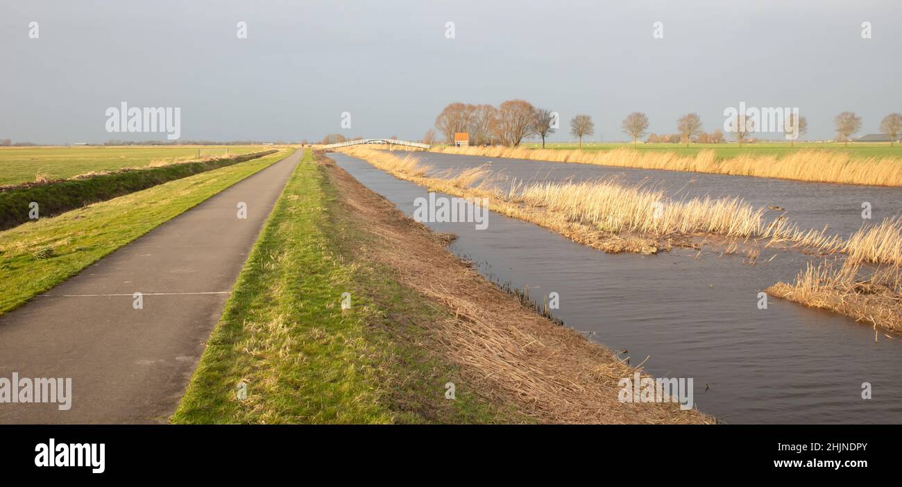 Typical dutch open landscape on a windy day (stormy sky), Friesland ...