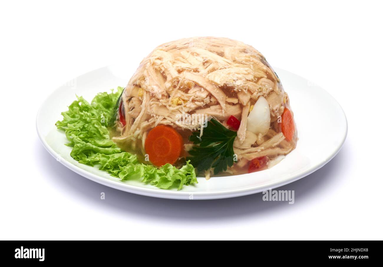 Delicious chicken aspic on a plate isolated on white background Stock ...