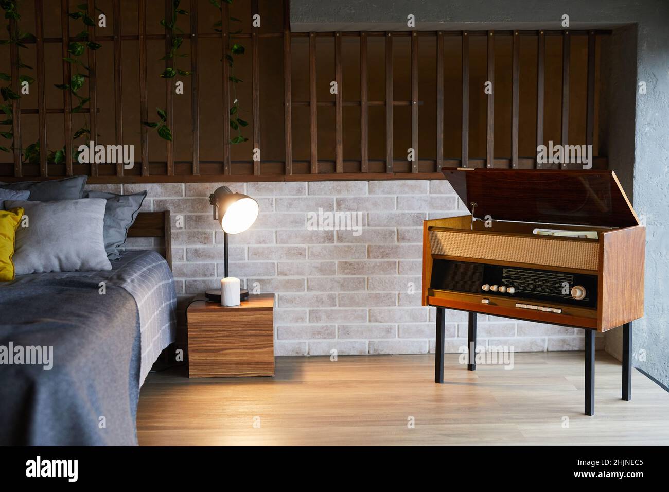 Background image of retro record player in modern bedroom interior with ...