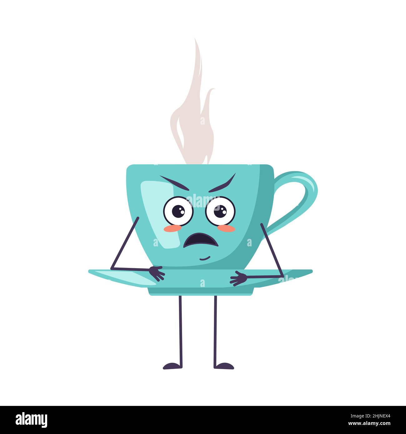 Cute cup of tea character with angry emotions, face, arms and legs. The ...
