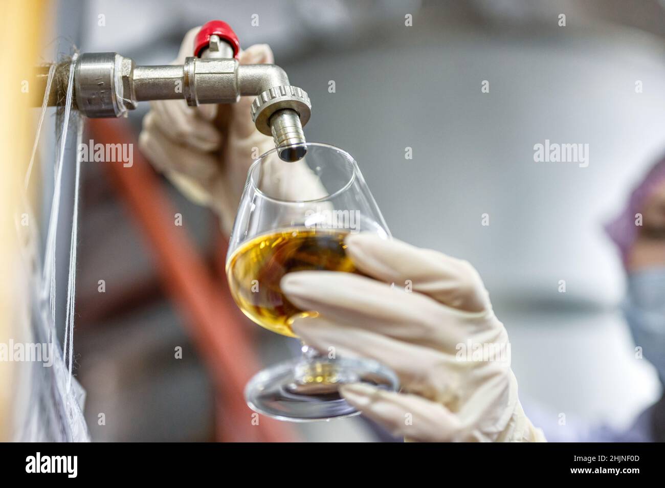 Woman holds glass of alcohol drink under tap in workshop Stock Photo ...
