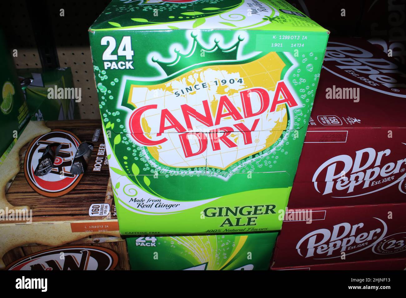 CANADA DRY shot closeup on a metal shelf that's bright and colorful in ...