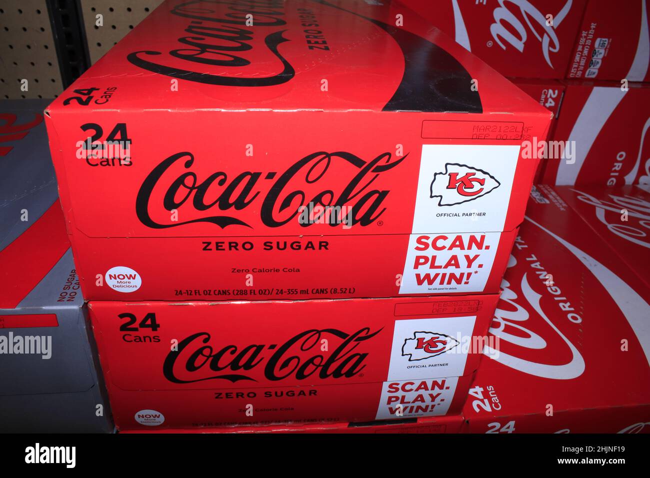 A closeup of Coca-Cola in a red and black boxes at a Dillons store that ...