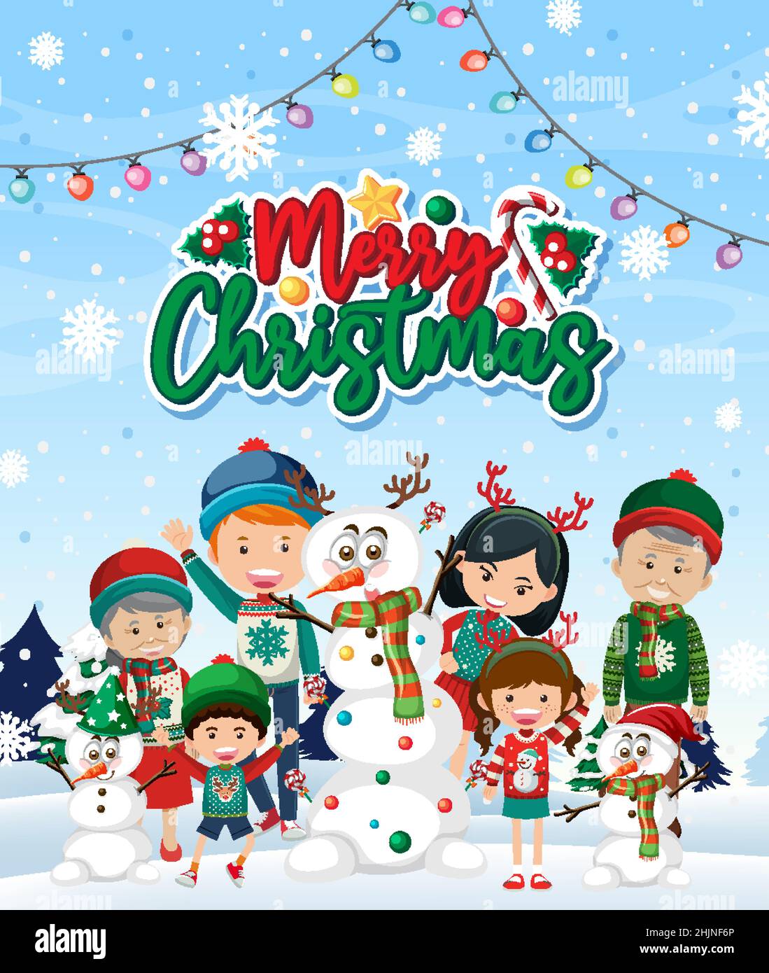 Merry Christmas poster with children and snowman illustration Stock ...