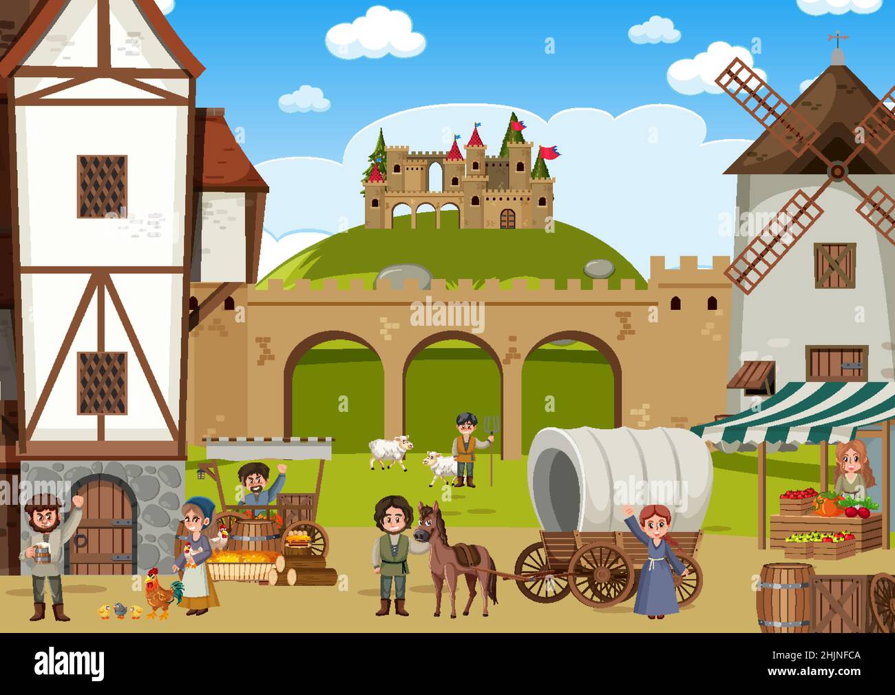 Ancient medieval village scene with villagers illustration Stock Vector ...
