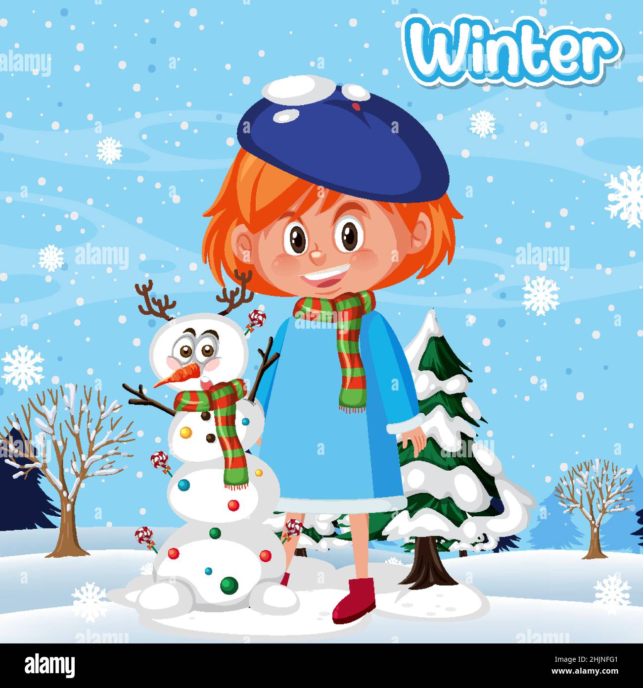 Cute girl wearing winter costume on snow background illustration Stock ...